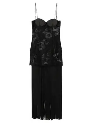 NISSA Floral-lace Midi Dress With Fringe - Black
