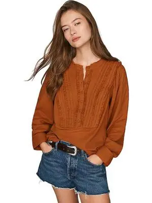 PILCRO Cotton Pintucked Ruffle Blouse - Brown