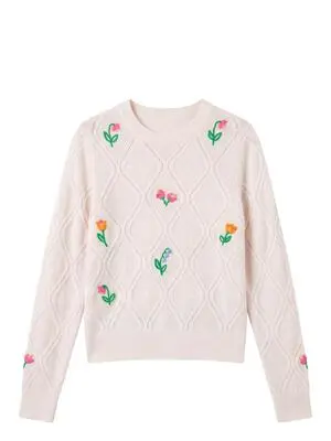 BRODIE CASHMERE Lightweight Floral Embroidered Cashmere Crewneck - White