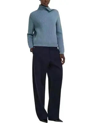 FERRAGAMO Ribbed Mock Neck Sweater With Gancini Detail - Blue