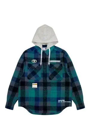 AAPE BY *A BATHING APE Moonface Check-panelled Hooded Shirt Jacket - Blue
