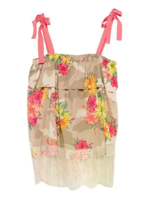 MY TWIN MY TWIN Square-Neck Camouflage And Floral Print Top With Lace Trim