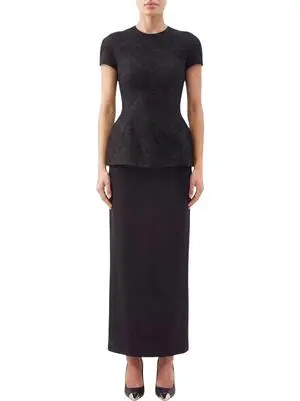 POST MERIDIEM Crew Neck Lace Detail Peplum Top - Black