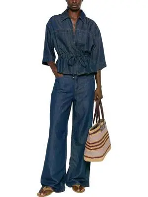 I BLUES Peplum Hem Drawstring Waist Shirt - Blue