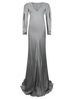 ALBERTA FERRETTI Alberta Ferretti Grey Silk Satin V-Neck Gown