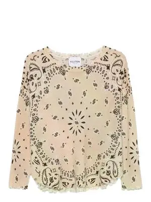 KUJTEN Bandana Print Distressed Edge Sweater - Neutrals
