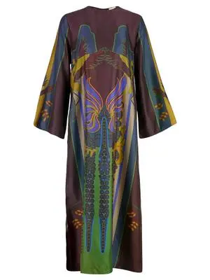 PAULA Crew Neck Printed Silk Dress - Brown