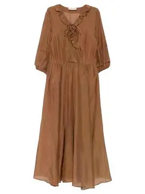 I BLUES Midi Dress With Ruffle Trim And V-neck - Brown
