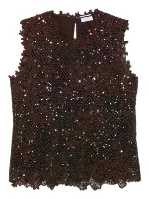 Brunello Cucinelli Sequin Embellished Crochet Knit Sleeveless Top - Brown