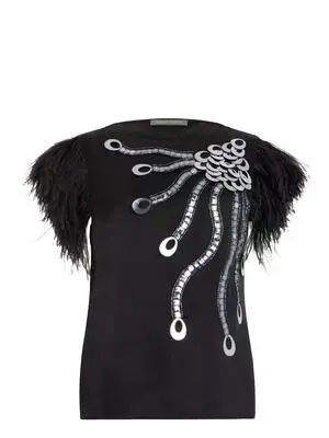 ALBERTA FERRETTI Alberta Ferretti Metallic-Embellished Feather-Trim T-Shirt