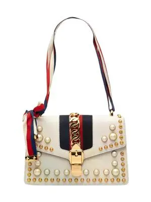 Gucci Calfskin Web Sylvie Satchel With Stud And Pearl Embellishments - White