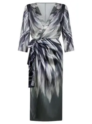 Alberta Ferretti Feather Print Belted Midi Dress - Grey