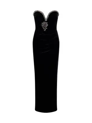 SELF-PORTRAIT Velvet Long Dress With Floral Brooch - Black