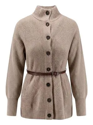 Brunello Cucinelli Wool, Cashmere, And Silk Blend Cardigan With Monili Belt - Brown