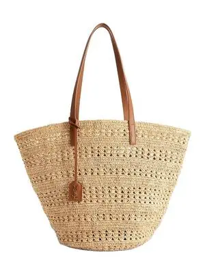 Saint Laurent Raffia Tote Bag With Logo Plaque - Brown