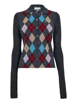 GANNI Argyle Knit Polo Shirt - Black