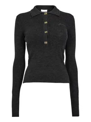 GANNI Ganni Polo Collar Knitwear With Logo Detail Black