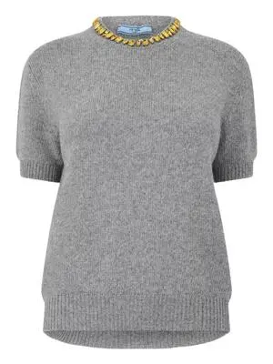Prada Embellished Round Neck Short Sleeve Sweater - Gray