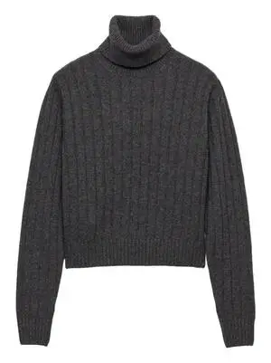 Prada Prada Re-Cashmere Turtleneck Sweater With Ribbed Details Limestone Ash