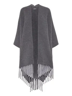 Brunello Cucinelli Knitted Cape With Pendant Design And Tassel Edge - Black