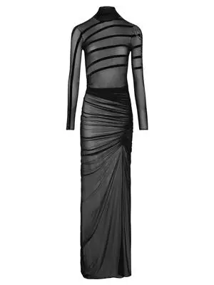 JEAN PAUL GAULTIER Mesh Maxi Dress With Flocked Stripes - Black