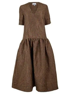 GANNI Plaid Short Sleeve Midi Dress - Brown