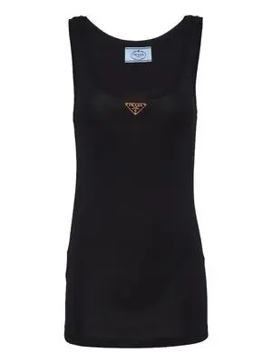 Prada Ribbed Knit Jersey Tank Top With Enameled Logo - Black