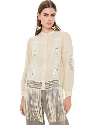 Farm Rio Richelieu Long Sleeve Shirt With Floral Embroidery And Fringe - Sand
