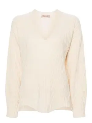 TWINSET V-neck Knitted Jumper With Side Slits - Snow
