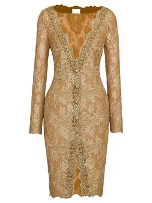 Saint Laurent Long Sleeve Lace Dress - Nude