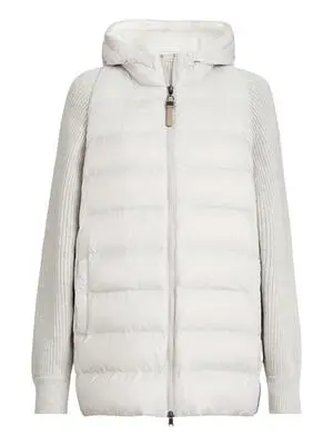Brunello Cucinelli Hooded Knit-sleeve Jacket - Light Gray