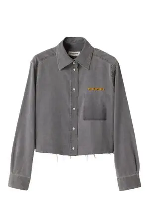 Miu Miu Cropped Chambray Shirt With Letter Details - Grey
