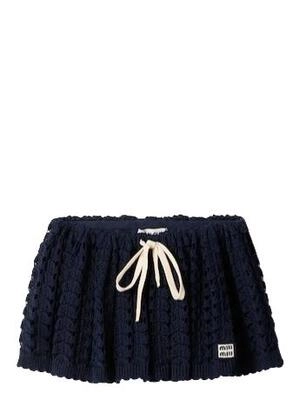 Miu Miu Cotton Mini Skirt With Drawstring And Logo Detail - Navy