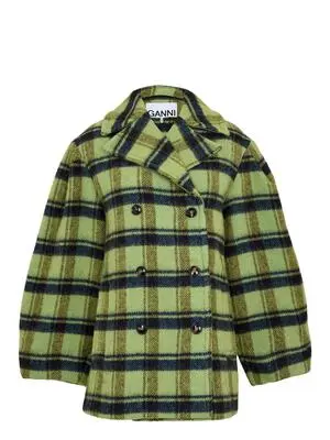 GANNI Ganni Brushed Wool Check Teddy Coat Green