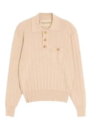 Valentino Garavani Button Detailed Long-sleeved Ribbed Polo Shirt - Nude