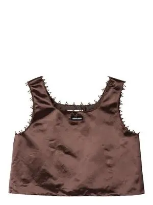 Miu Miu Satin Crop Top With Embroidered Neckline And Cuffs - Cocoa Brown