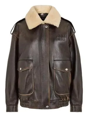 Miu Miu Leather Logo Bomber Jacket - Black