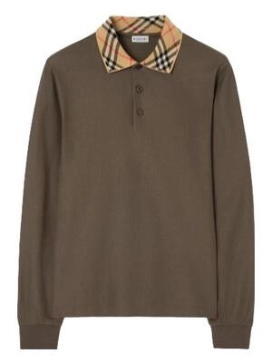 Burberry Long-sleeve Check Collar Cotton Polo Shirt - Tan