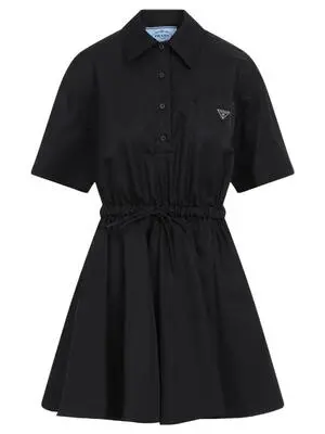 Prada Logo Plaque Drawstring Mini Dress - Black