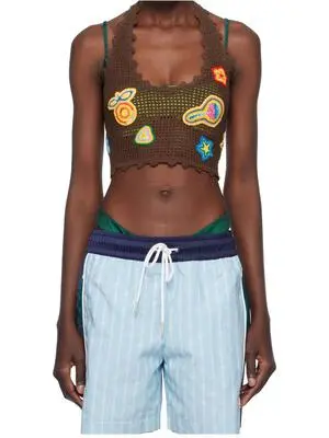 Casablanca Motif Crochet Cropped Top - Brown