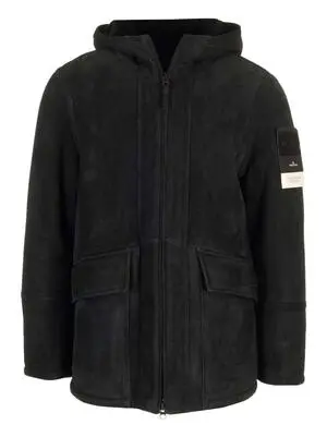 Stone Island Hooded Zip-up Jacket With Patches - Black