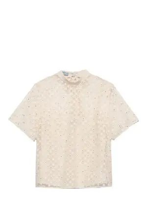Prada Embroidered Lace Top With Tie Neck - Neutral