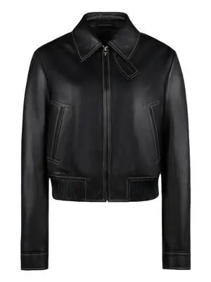 TOD'S Cropped Leather Bomber Jacket With Detachable Collar - Black