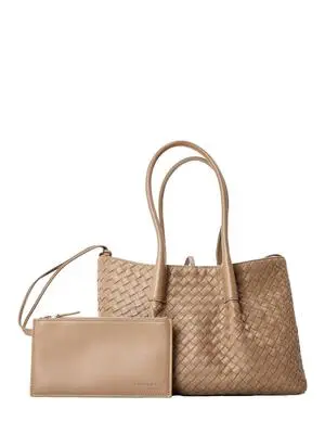 Bottega Veneta Woven Leather Tote Bag With Pouch - Nude