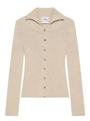 COURREGES Courreges Ribbed Knit Collared Cardigan Beige