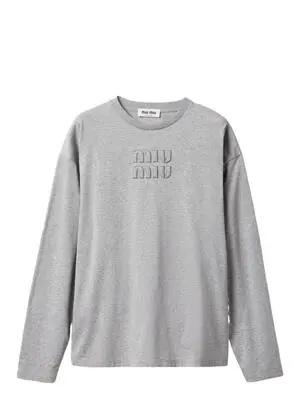 Miu Miu Long Sleeve Cotton T-shirt With Embroidered Logo - Grey