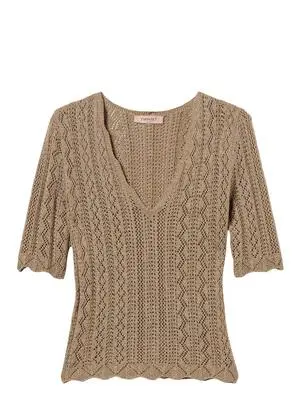 TWINSET Lurex Pointelle-knit V-neck Jumper - Brown