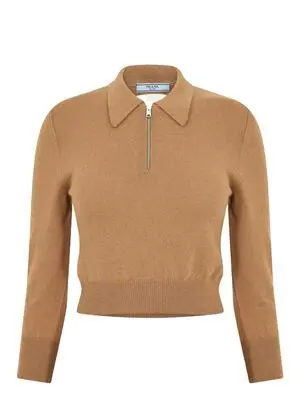 Prada Prada Ribbed-Knit Cropped Sweater With Pointed Collar And Zip Closure Brown