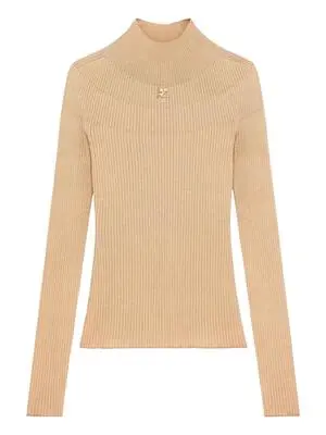 COURREGES Courrèges Ribbed High Neck Jumper With Embroidered Logo - Beige