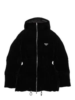 Prada Hooded Down Jacket With Enameled Metal Triangular Logo - Black